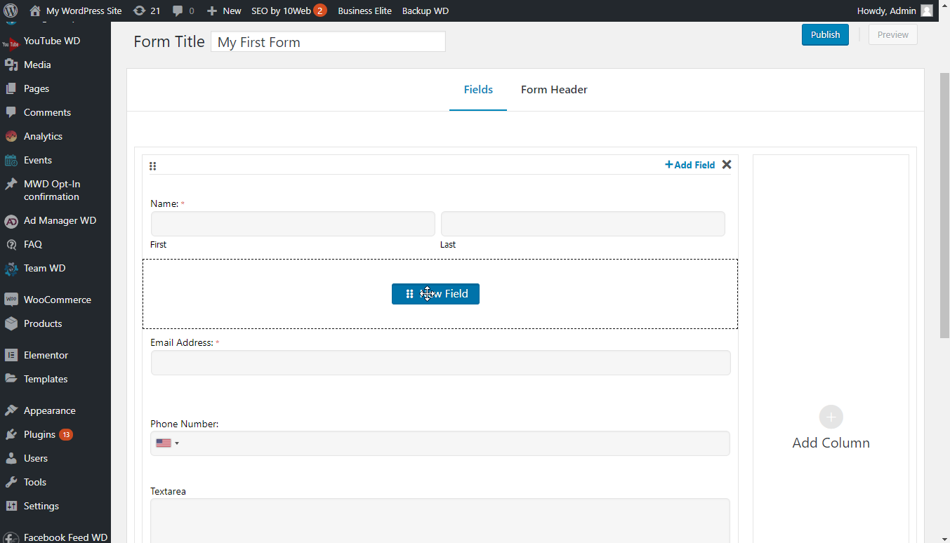 Form Fields Basic 10Web Help Center